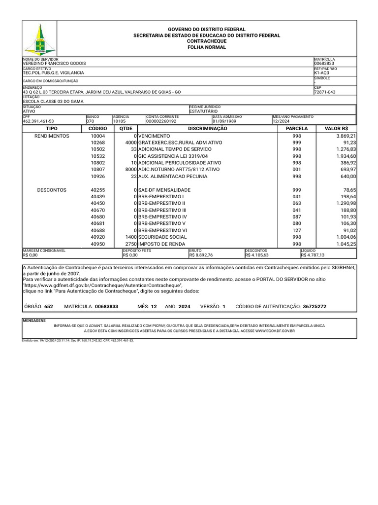 Contracheque Servidor DF - Dezembro 2024 | PDF