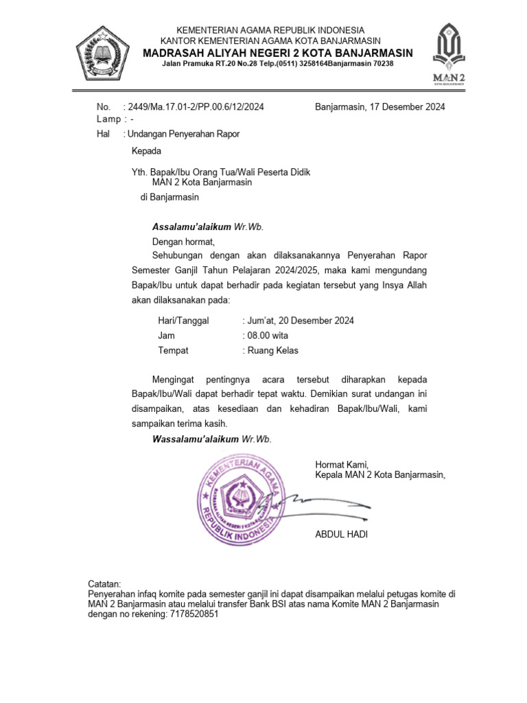 Undangan Bagi Rapor SM Ganjil 2024 | PDF