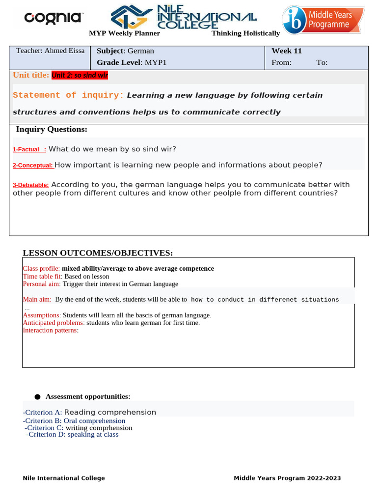 Weekly Lesson Plan Myp 1 | PDF | Lesson Plan | Reading Comprehension