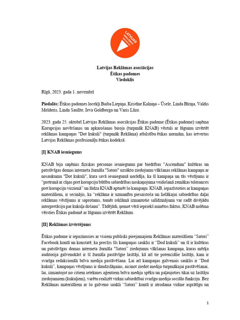 LRA Ētikas-Padome KNAB Viedoklis 112023 | PDF