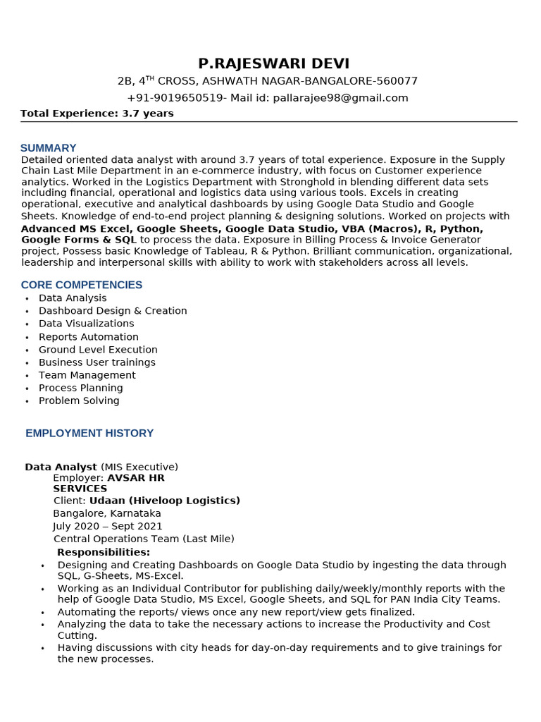Rajeswari devi - Resume(1) | PDF | Microsoft Excel | Business