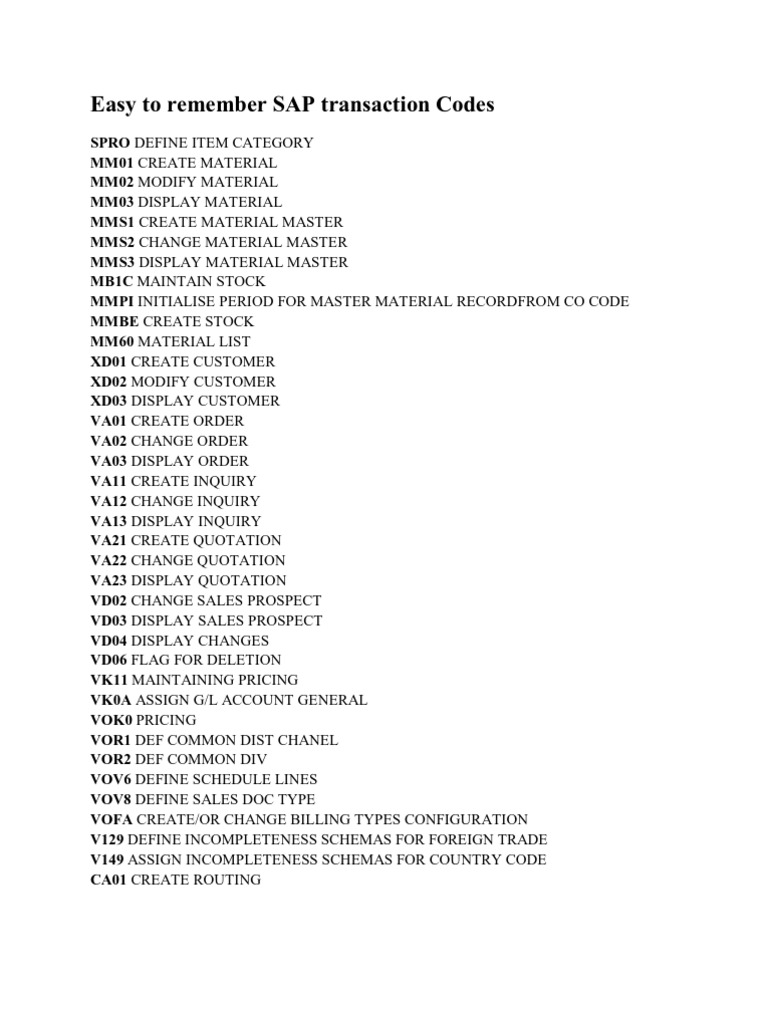 Easy To Remember SAP Transaction Codes | PDF | Invoice | Receipt