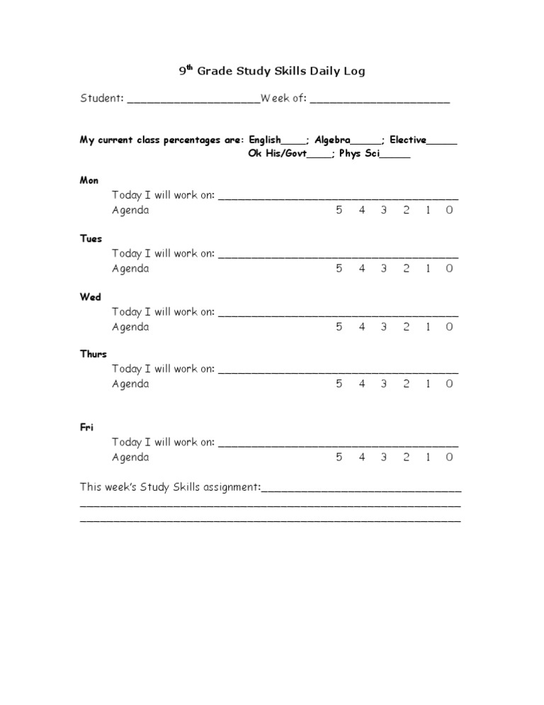 Study Skills Daily Grade Shee1 | PDF