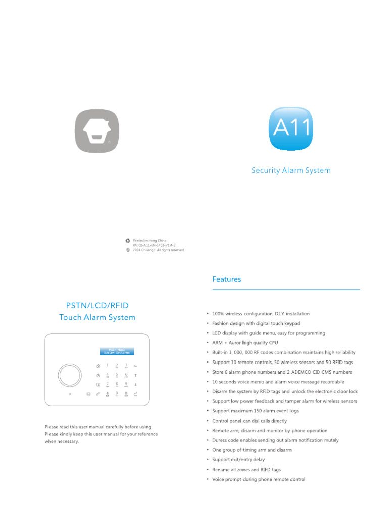 Sistem de Alarma Wireless PSTN LCD Rfid Chuango CG A11 | PDF