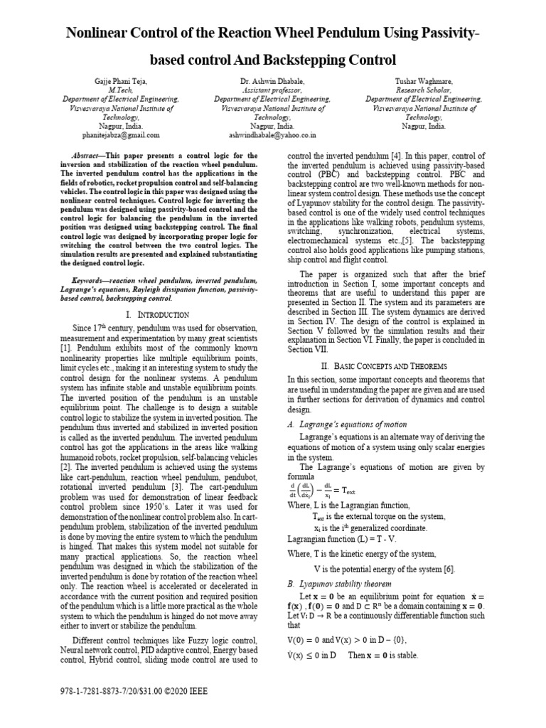 Nonlinear Control of The Reaction Wheel Pendulum Using Passivity-Based Control and Backstepping ...