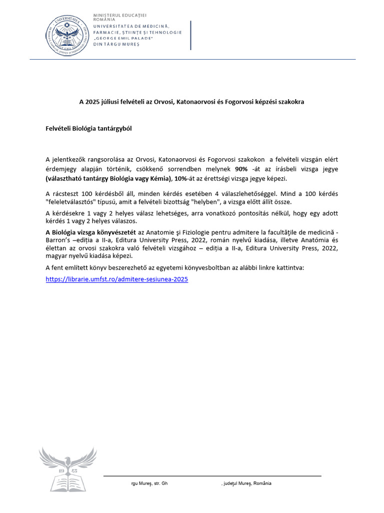 Tematica Si Bibliografie Admitere 2025 Biologie Medicina Medicina Dentara Hu | PDF