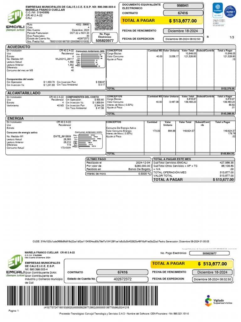 Factura EmCali Pagar18dic | PDF | Electricidad | Ingenieria Eléctrica