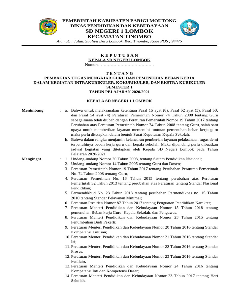 SK PEMBAGIAN TUGAS 2020-2021 SEMESTER 111 | PDF
