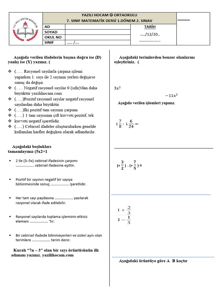 ---yazilihocam.com-------------7.sınıf matematik 1.dönem 2.yazılısı-3 | PDF