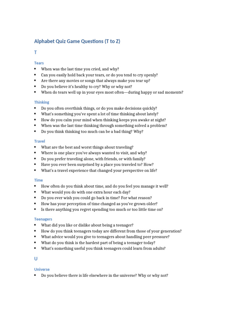 Alphabet Quiz Game Questions T To Z | PDF | Adolescence | Zebra