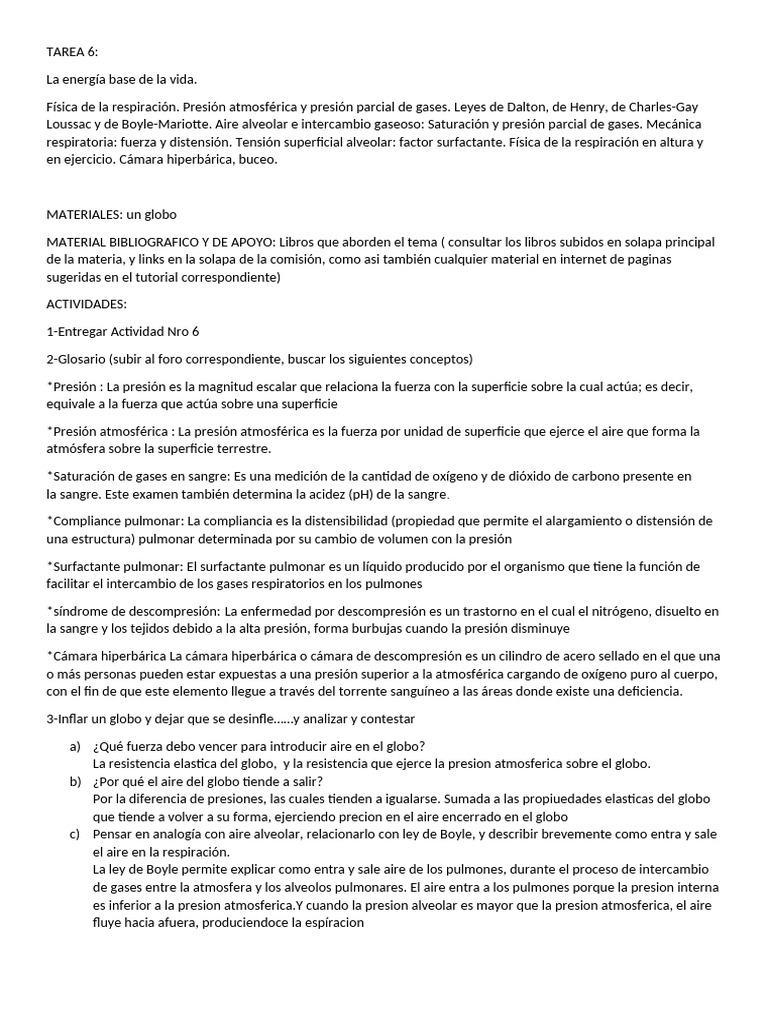 BIOFISICA TAREA 6 (1) | PDF | Tórax | Gases