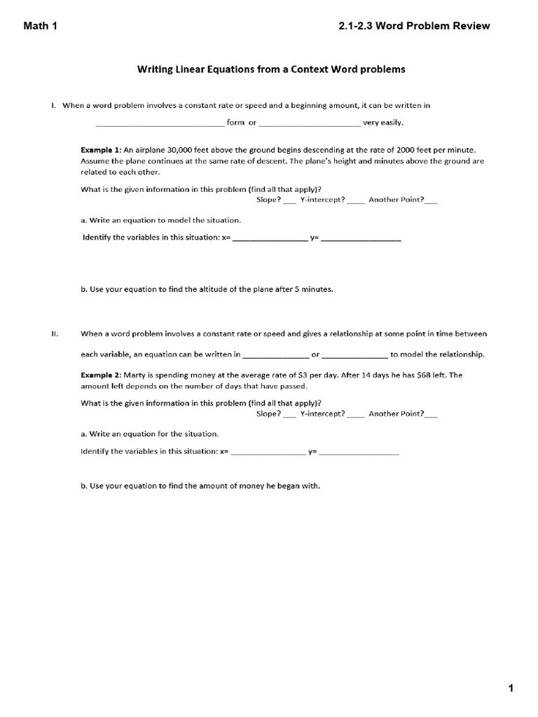 Math 1 Word Problem Review 2.1-2.3 | PDF