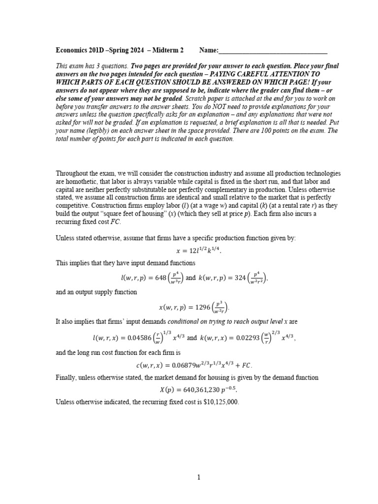 Midterm 2 Spring 2024 | PDF | Labour Economics | Economic Equilibrium