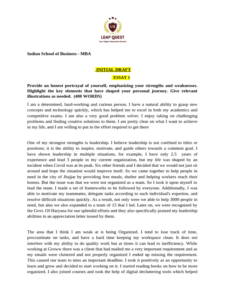 MBA ISB Essays Draft 1.Docx | PDF | Leadership