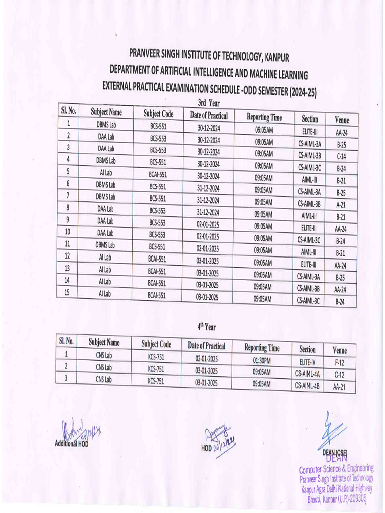 External Practical Examination Schedule - 3rd and 4th Year - Department of AIML | PDF