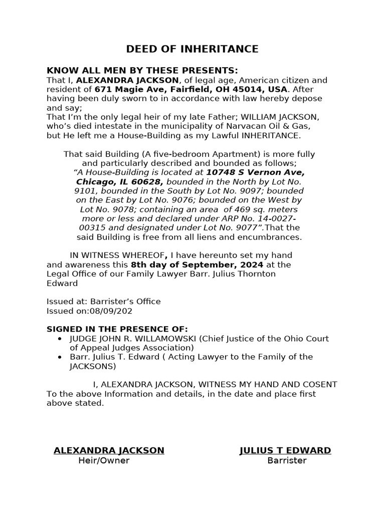 Deed of Inheritance & Will | PDF | Civil Law (Legal System) | Legal ...