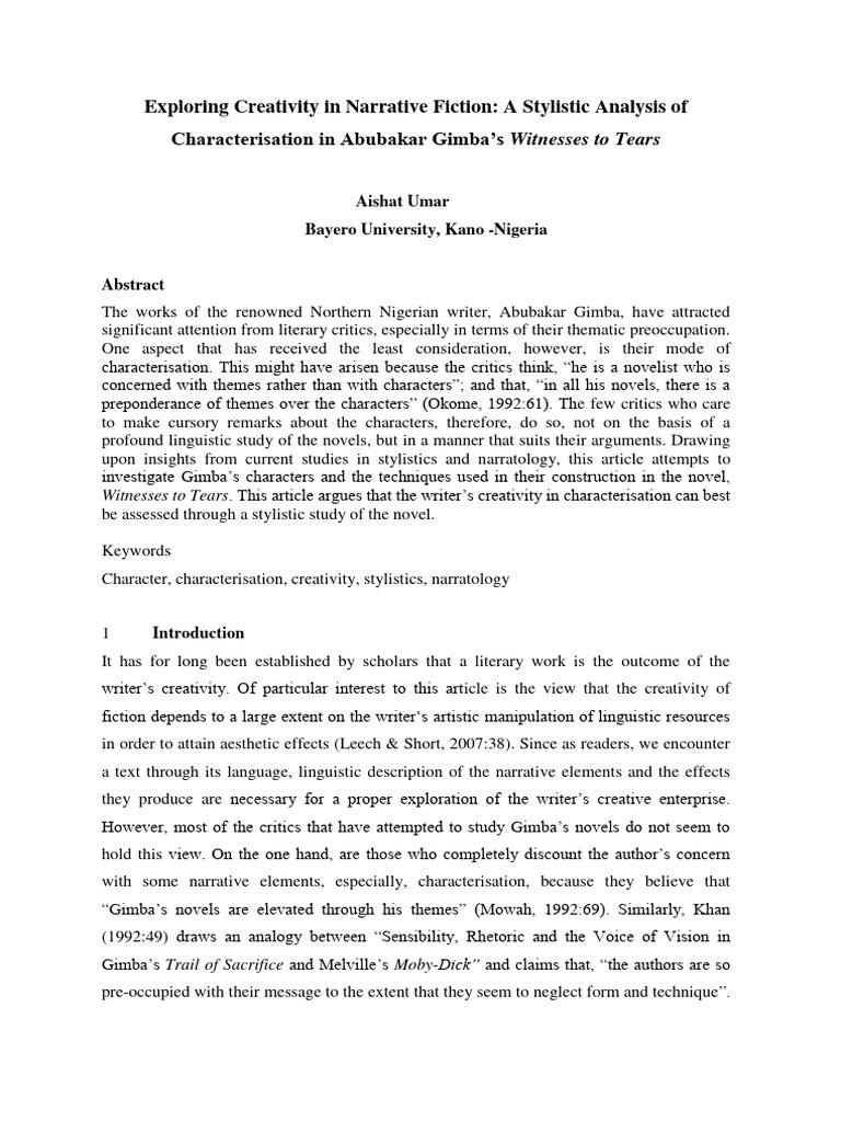 Characterisation in Gimba's Fiction | PDF | Adjective | Narrative
