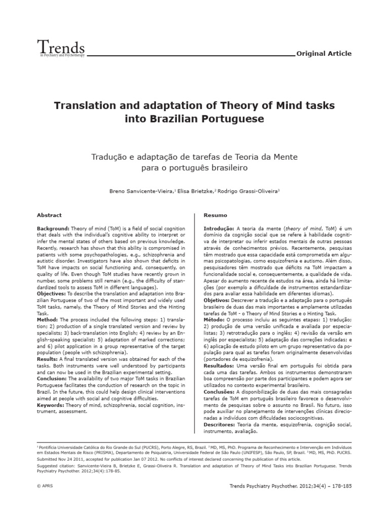 Translation and Adaptation of Theory of Mind Tasks Into Brazilian Portuguese | PDF | Theory Of ...