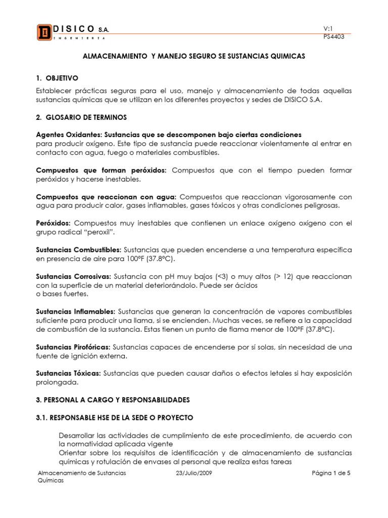 Procedimiento Manejo Seguro de Sustancias Quimicas | PDF | Combustión | Oxígeno