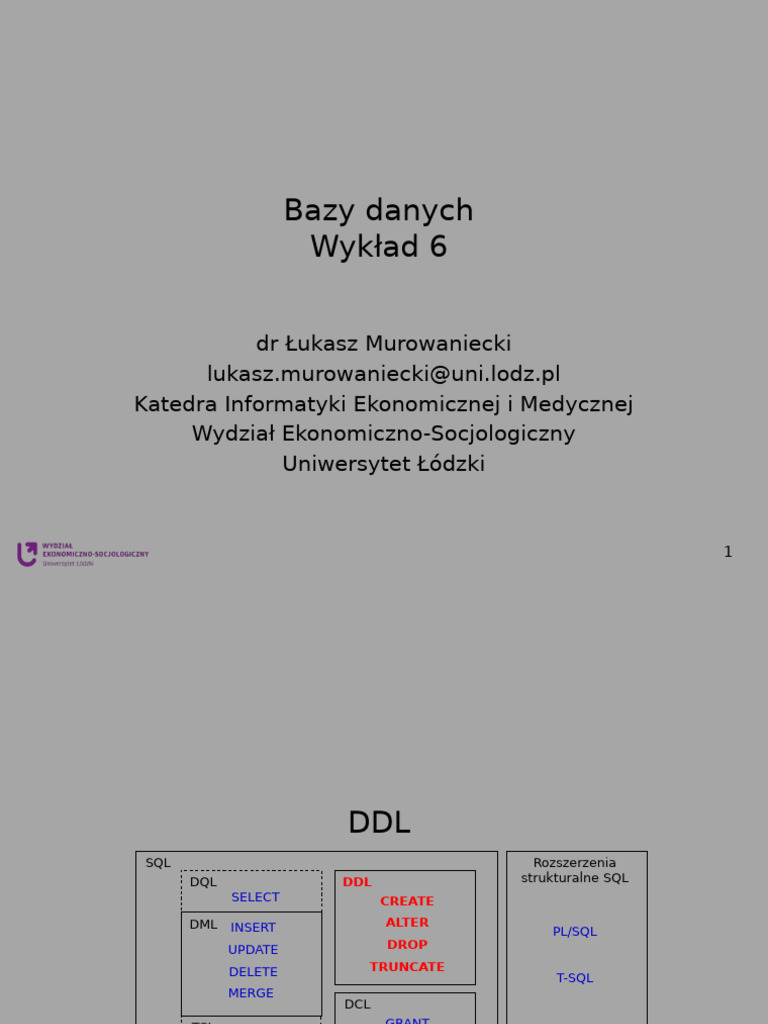 Bazy Danych - Wykład 06 - SQL DDL | PDF