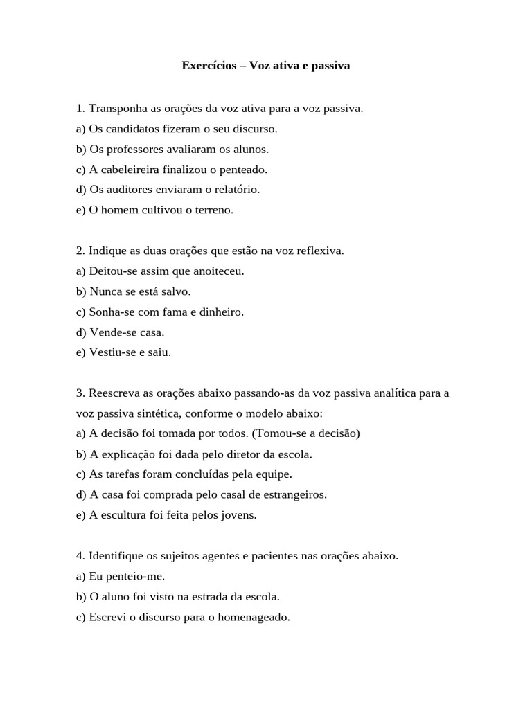 Exercícios de Voz Ativa e Passiva | PDF