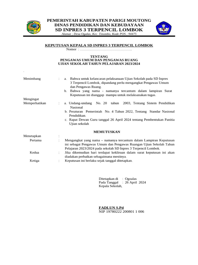 SK Pengawas UN 2024 | PDF