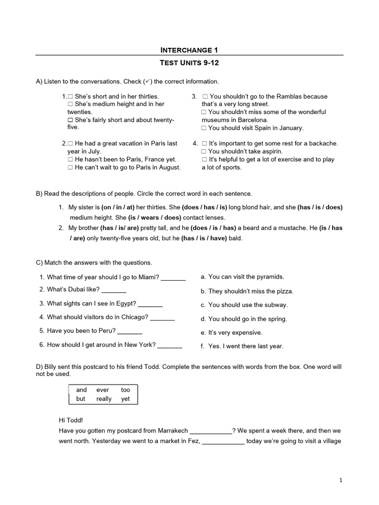 Interchange 1 Test (Units 9-12) 11 No Points | PDF