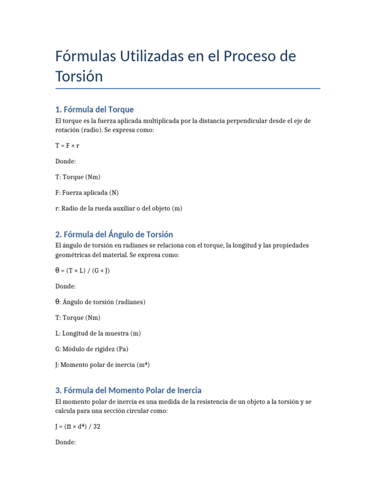 Fórmulas de Torsión y Torque | PDF