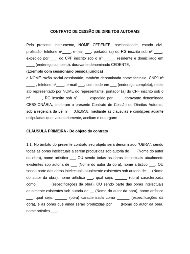 Contrato De Cessão De Direitos Autorais Pdf Direitos Autorais
