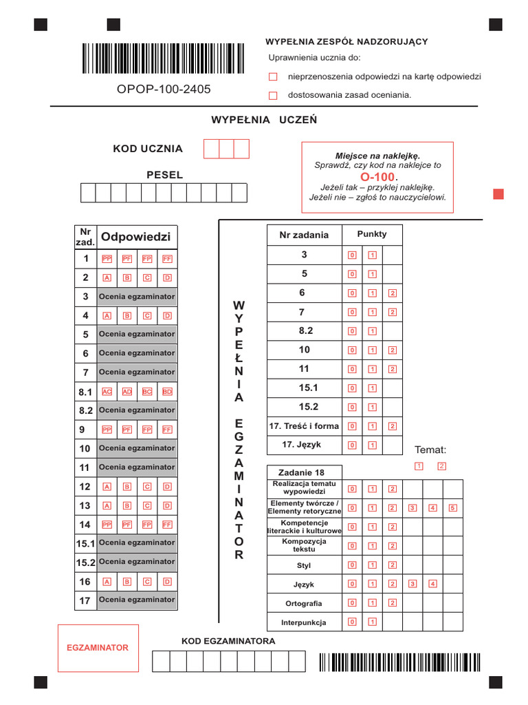 OPOP 100 X 2405 Karta Odpowiedzi | PDF