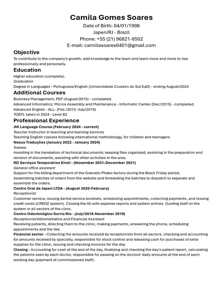 Camila Gomes Soares: Bilingual Teacher Resume | PDF