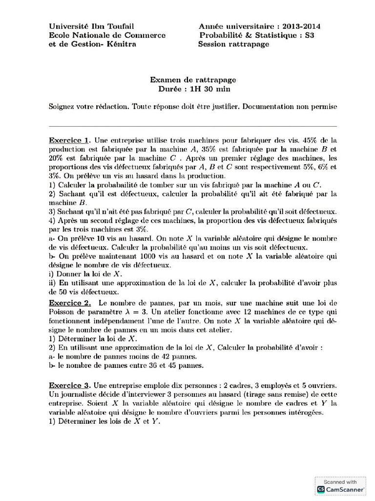 Correction Examen Rattrapage Proba S3 en | PDF