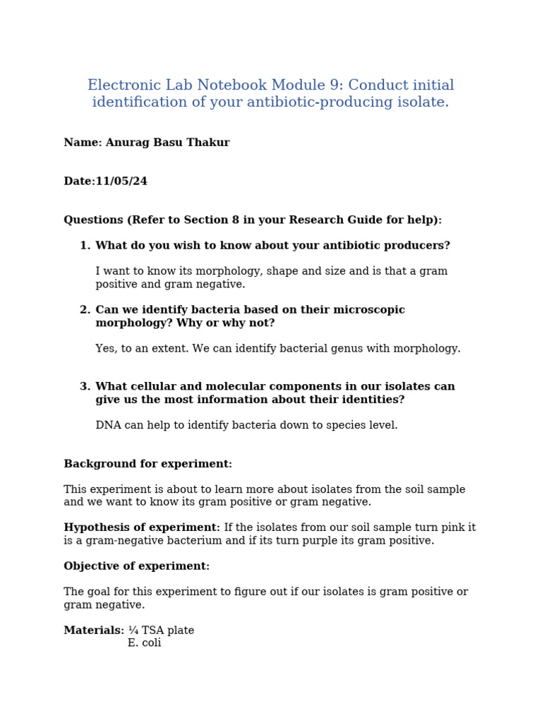 Electronic Lab Notebook - SWI - Module 9-1 | PDF | Gram Positive Bacteria | Bacteria
