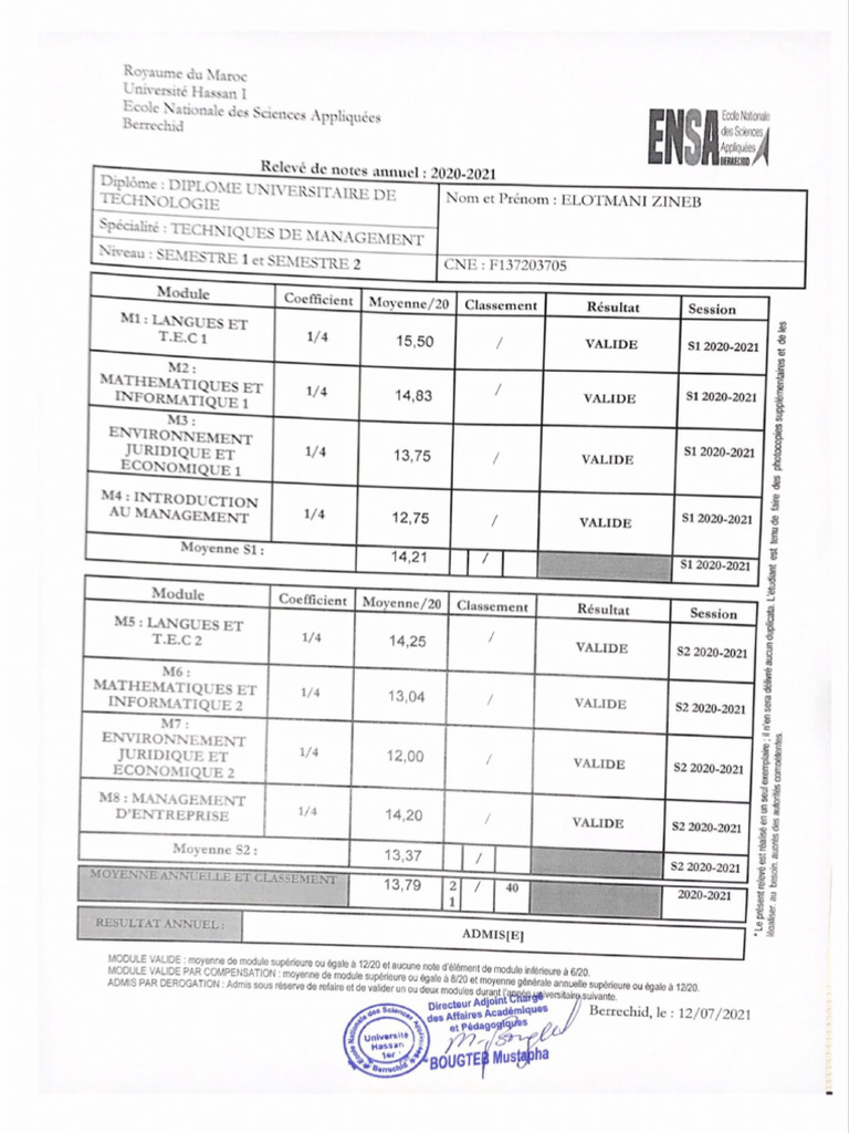 Relevé de Note | PDF