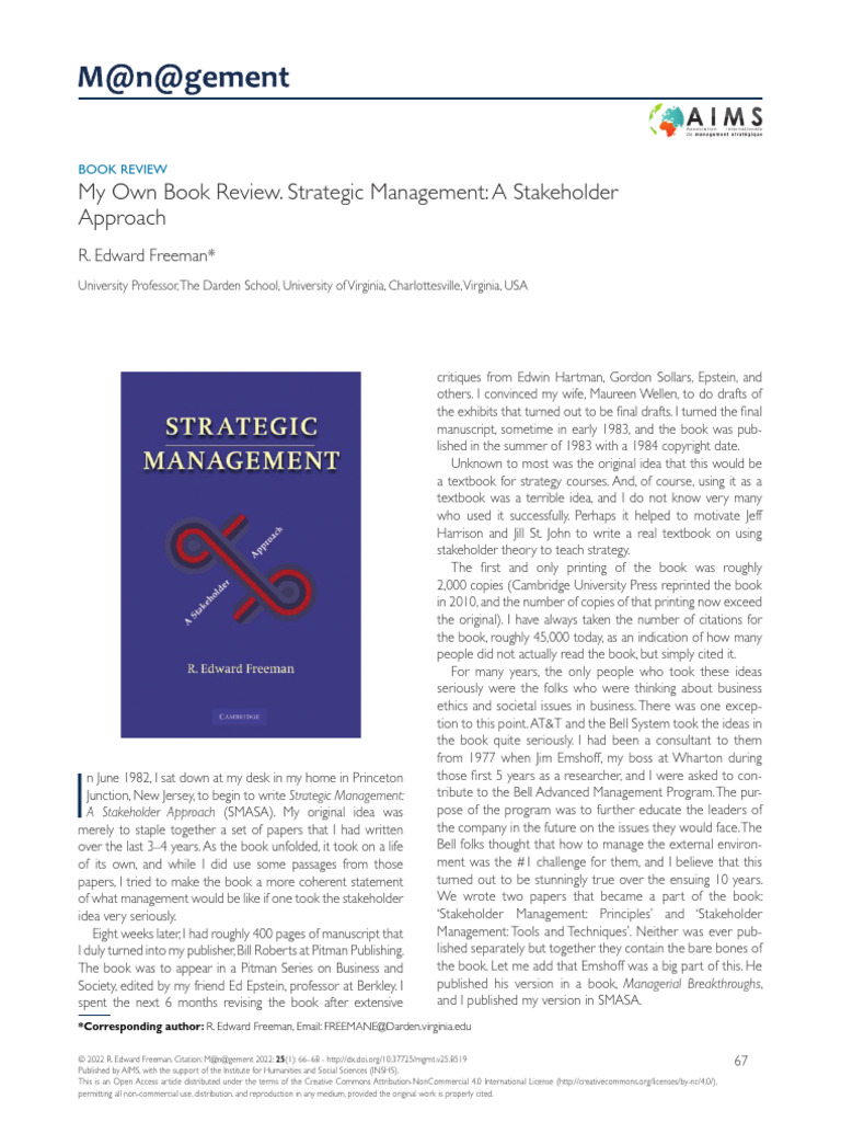 My Own Book Review Strategic Management A Stakeholder Approach | PDF ...