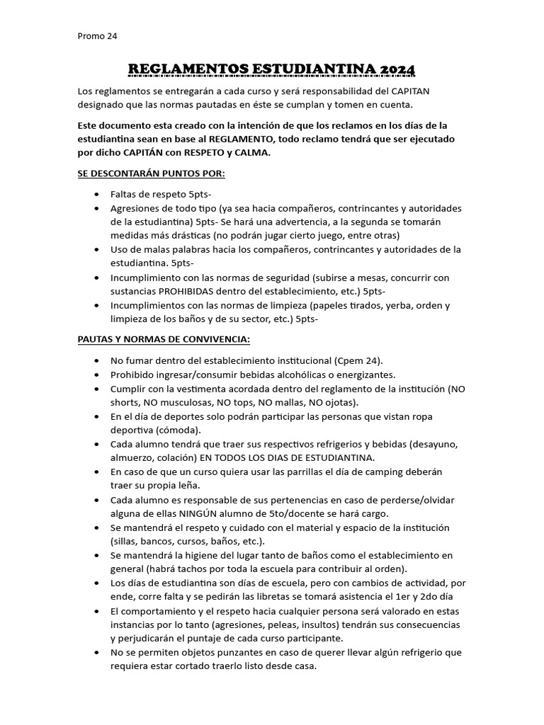 Reglamento Estudiantina 2024 | PDF