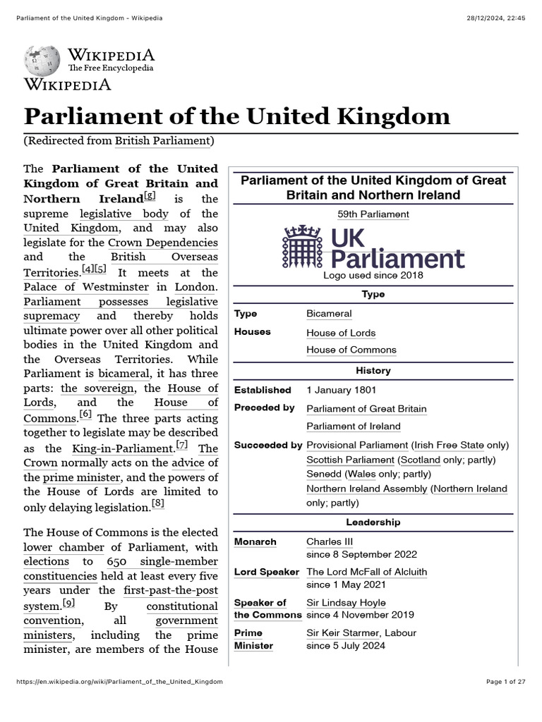 UK Parliament Overview and Structure | PDF | Parliament Of The United ...