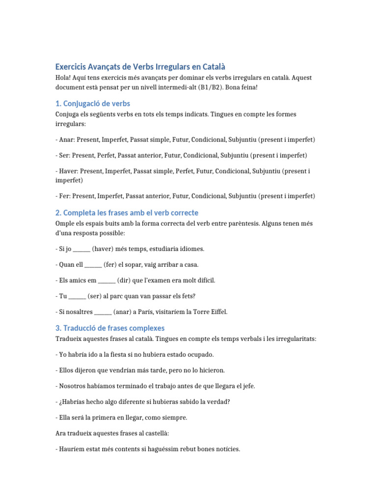 Exercicis Verbs Irregulars Català 3 Pagines Pdf
