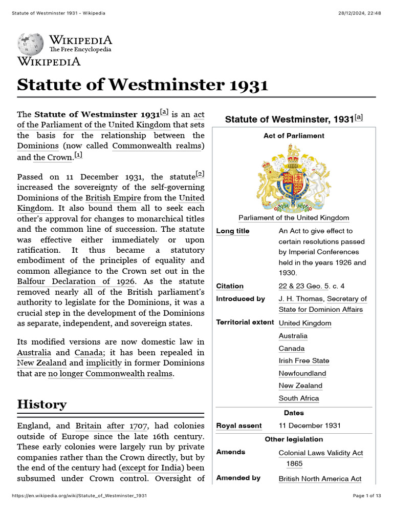Statute of Westminster 1931 | PDF | Dominion | Legal Documents