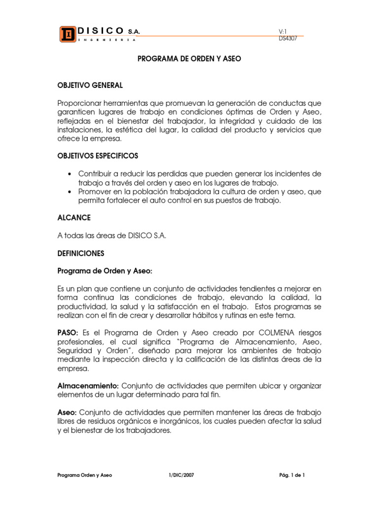 DS4307 - Programa Gestion Orden y Aseo | PDF | Business | Higiene