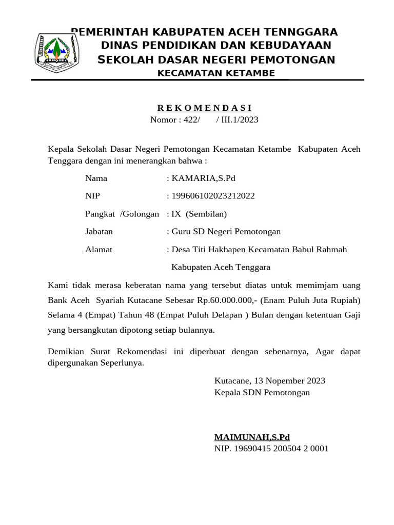 Rekomendasi Istri Kabid SD | PDF