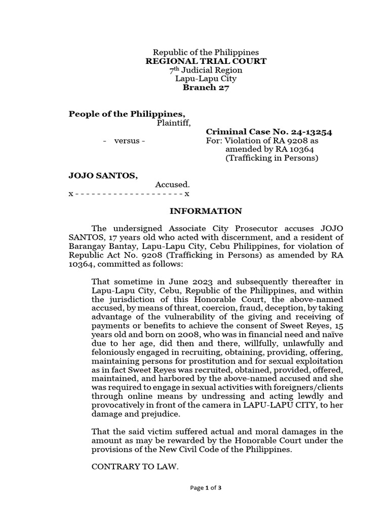 INFORMATION For Violation of RA 9208 As Amended by RA 10364 - Group 5 ...