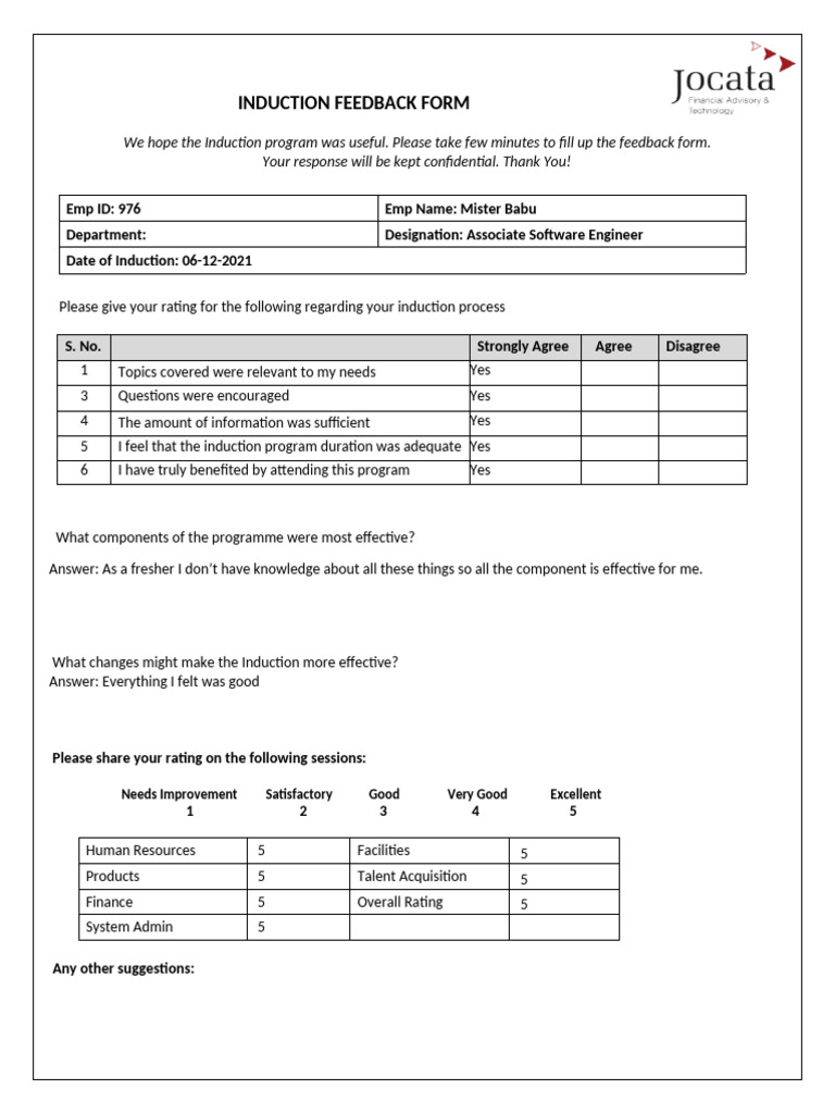 Induction-Feedback Form | PDF