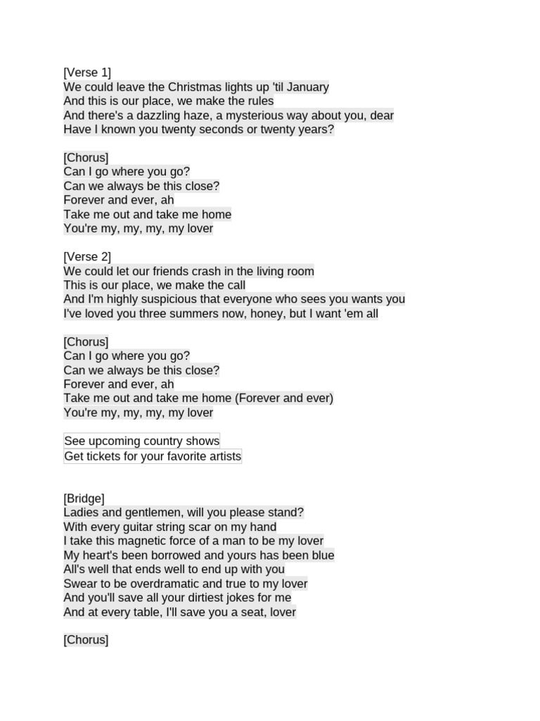 LOVER Song Lyrics by Taylor Swift | PDF