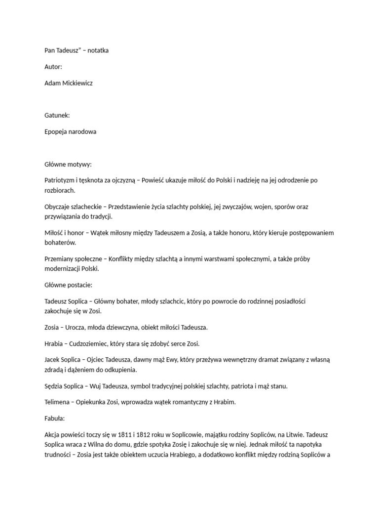 Pan Taduesz Notatka | PDF