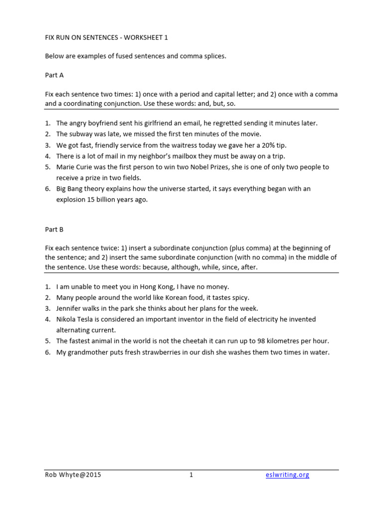 Fix Run On Sentences Worksheet 1 | PDF | Language Mechanics