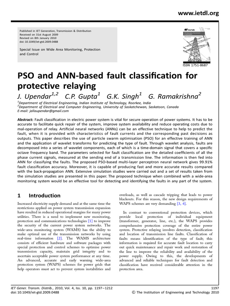 15_PSO and ANN-based Fault Classification for Protective Relaying | PDF | Wavelet | Artificial ...