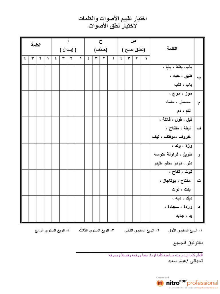 17318اختيار تقيم نطق اصوات وكلمات | PDF