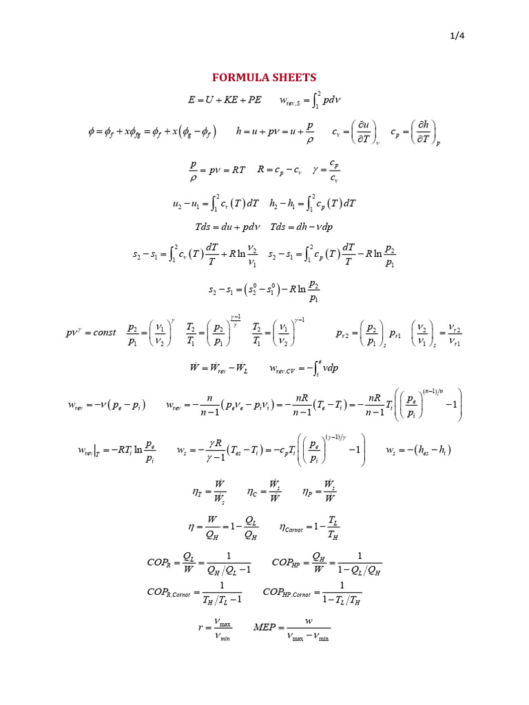 MEC3077F Thermofluids II Formulas Rev6 | PDF | Mechanics | Continuum Mechanics