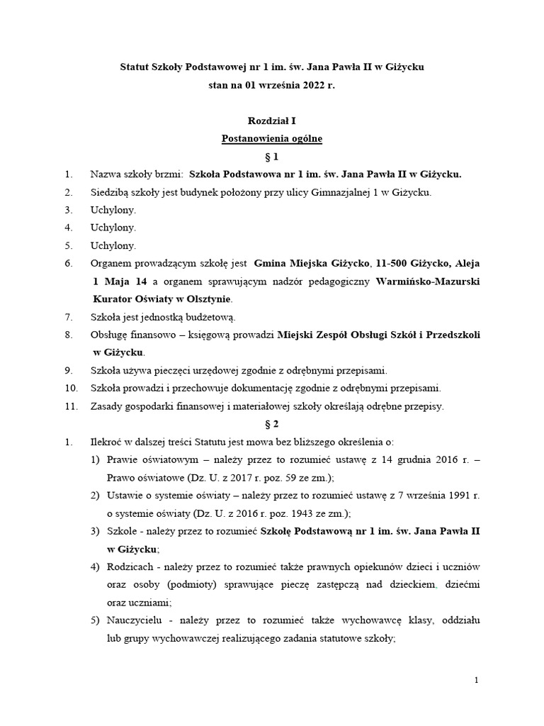 Statut SP 1 Stan Na 1 Wrzesnia 2022 r. | PDF